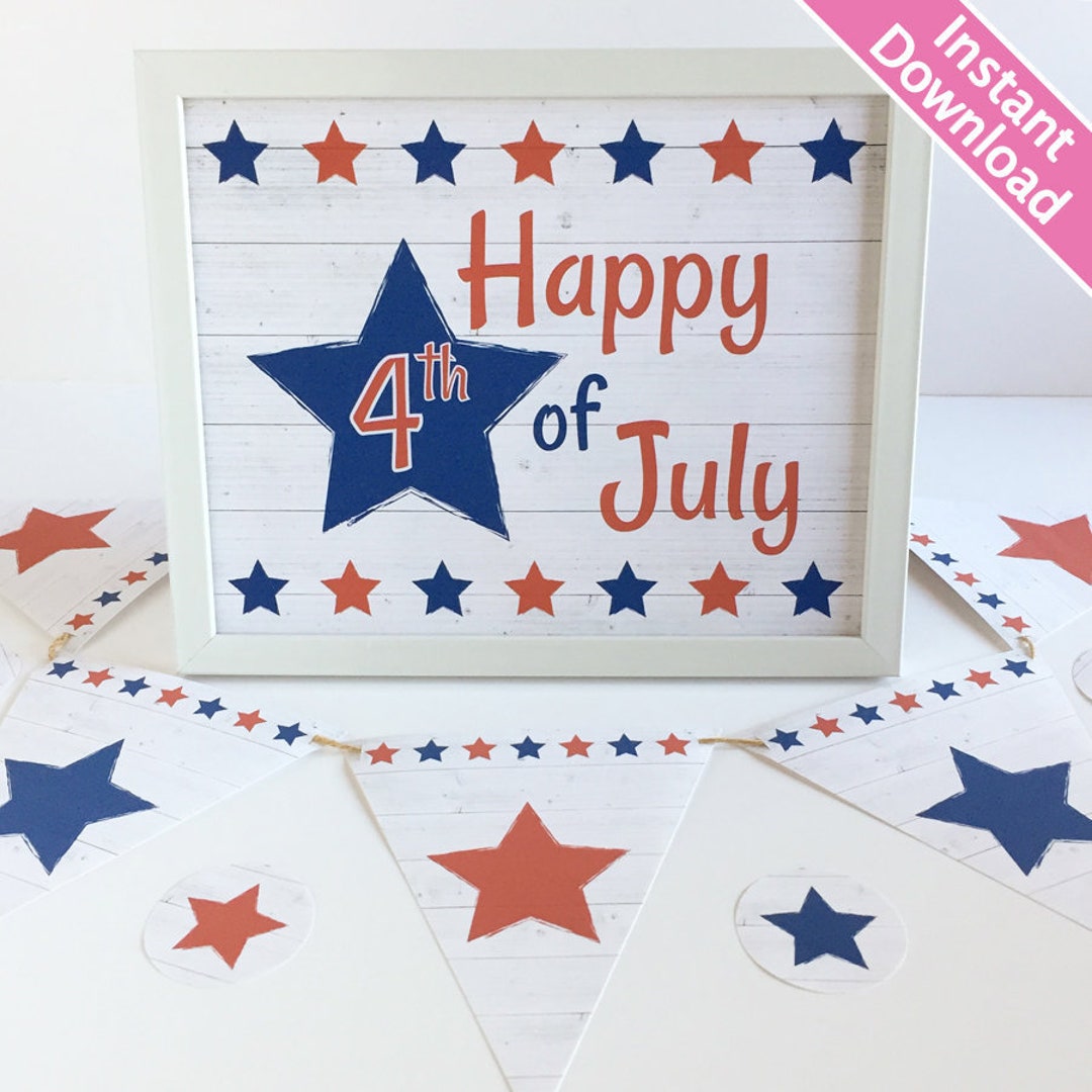Happy 4th of July Red White and Blue Printable Star Banner, Sign and ...