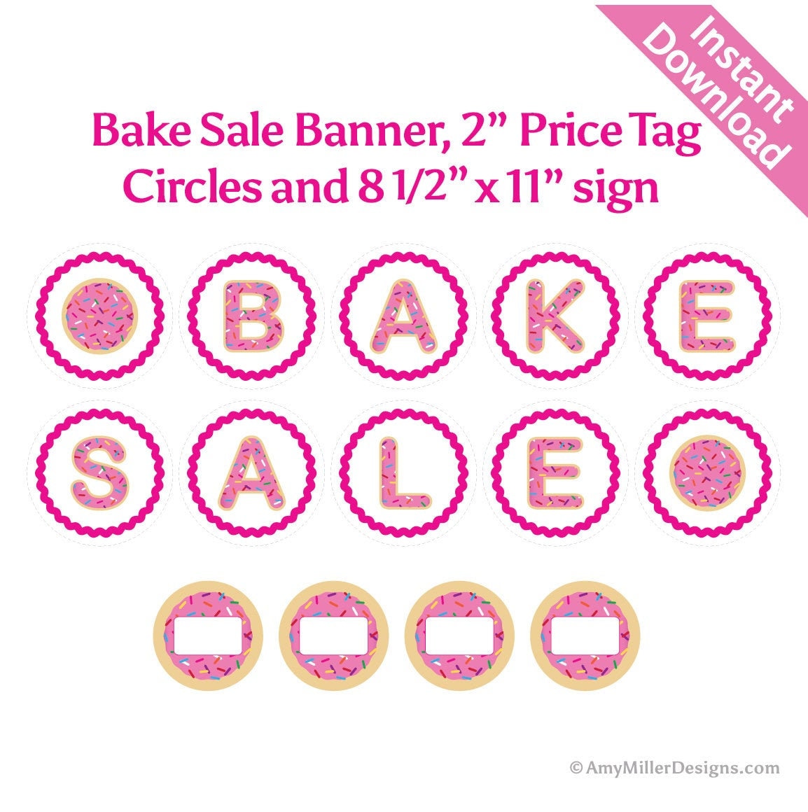 Bake Sale Pink Sugar Cookie Printable Banner, Sign and 2" Circle Price ...