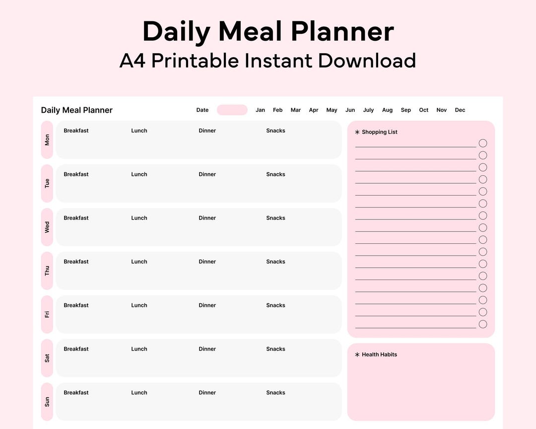 A4 Daily Meal Planner Food Diary Printable Pink Organiser Template ...