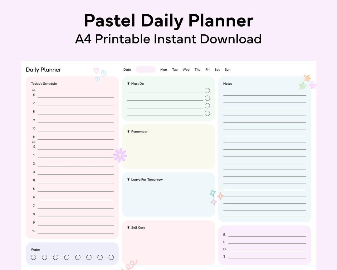 Pastel Daily Planner Printable A4 Organiser Template Schedule Minimal ...