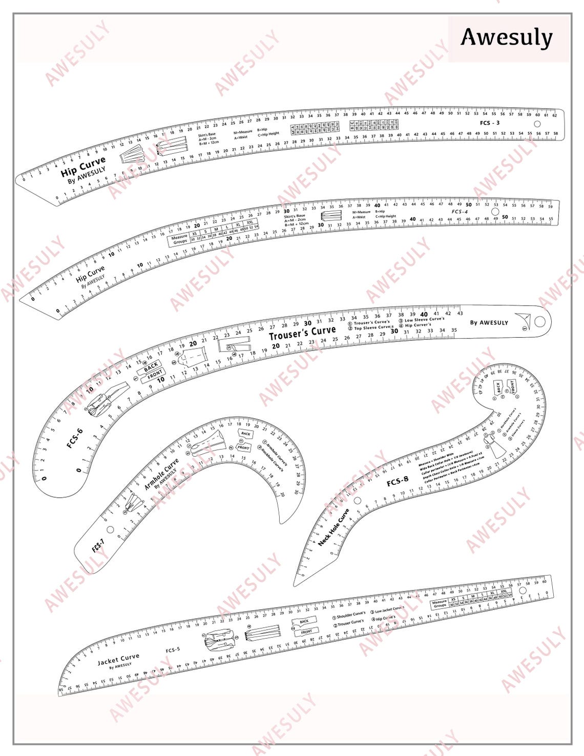 Curved Ruler Set for Fashion Design: Digital/printable Pattern Making ...