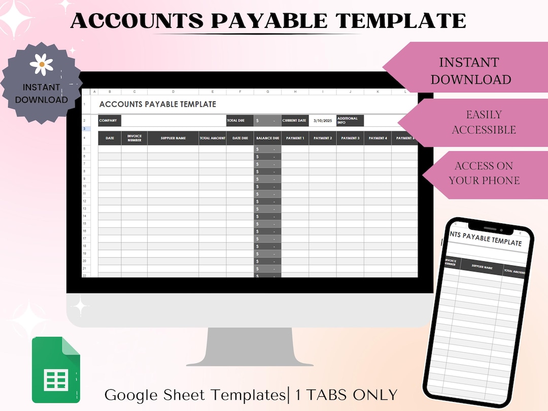 Accounts Payable Template for Google Sheets - Editable Digital Download ...