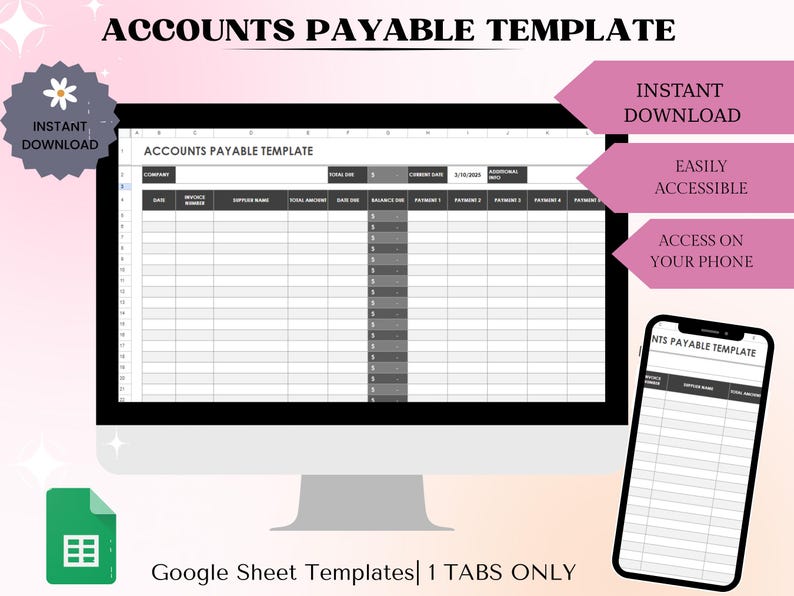 Accounts Payable Template for Google Sheets - Editable Digital Download ...