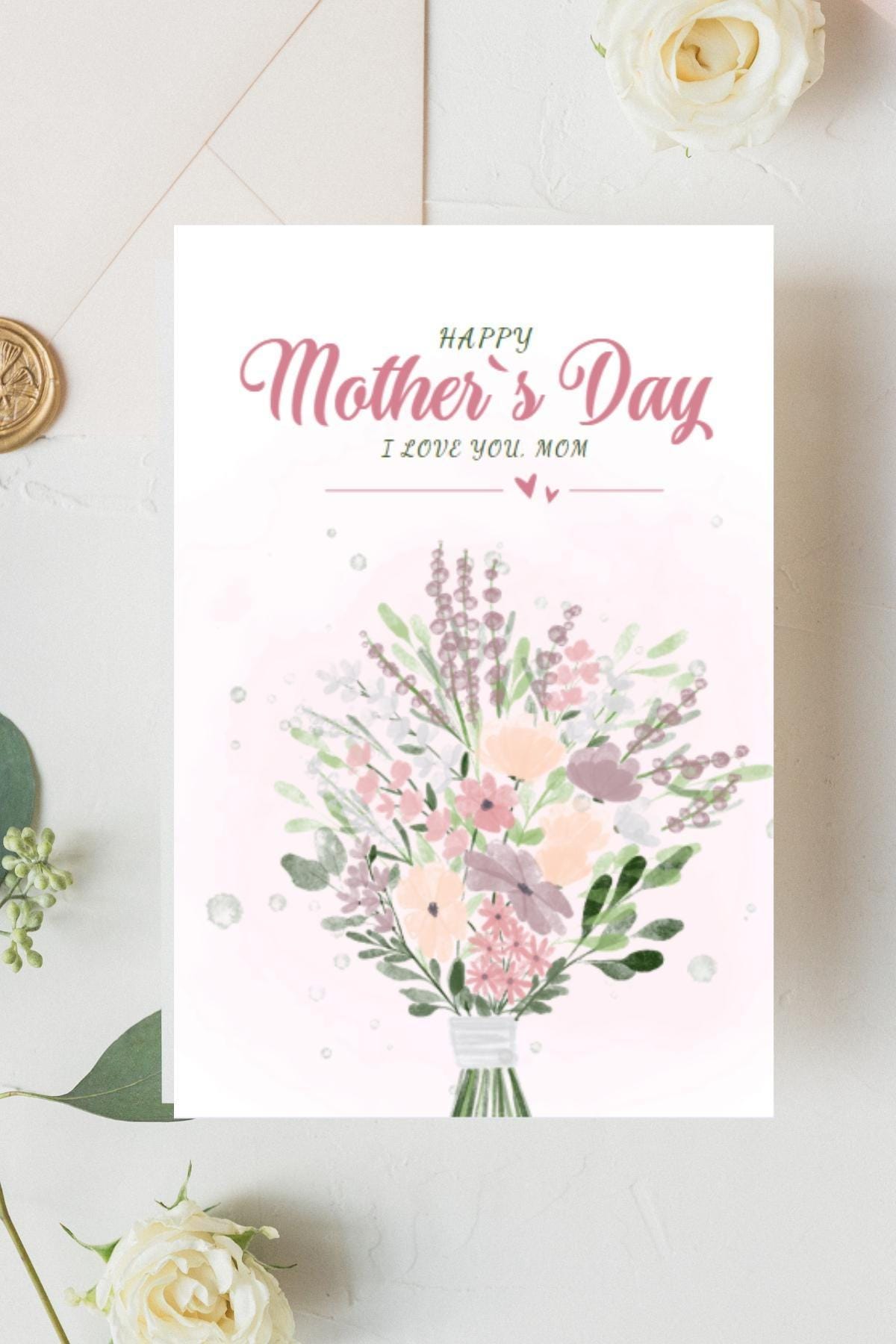 Mother’s Day Card Floral Printable, Bouquet Digital Greeting Card for ...