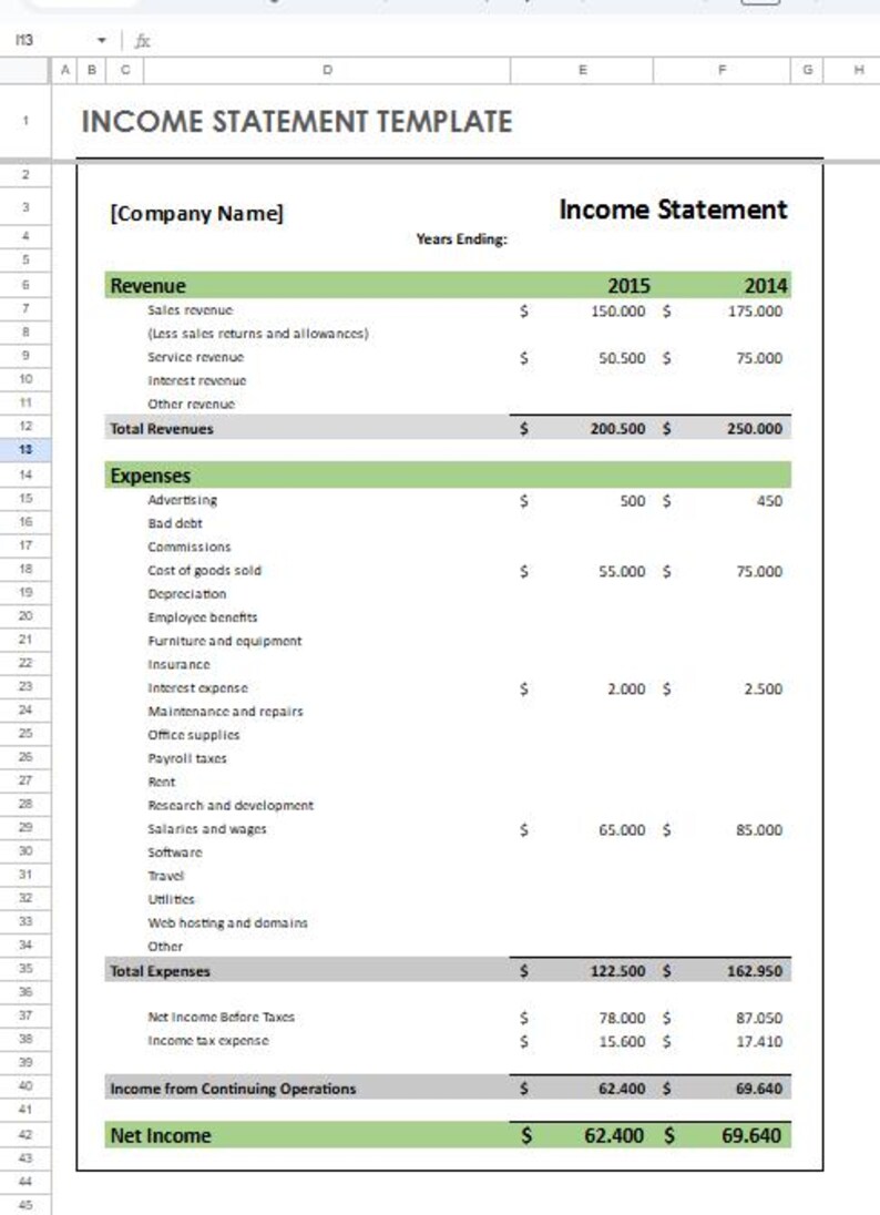 Income Statement Template, Digital Download, Editable Spreadsheet, Easy ...