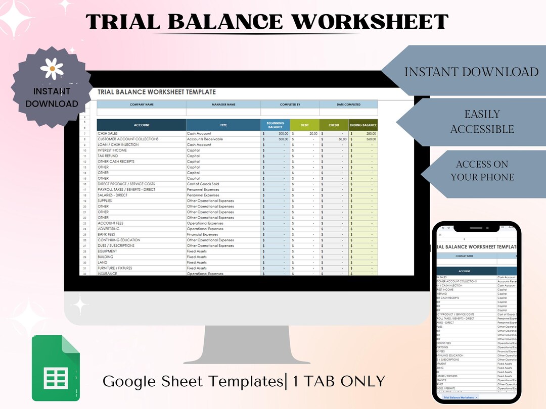 Trial Balance Worksheet Template - Editable Digital Download ...
