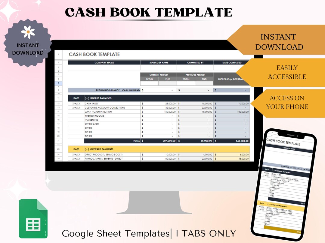 Cash Book Template Digital Download - Editable Spreadsheet for Easy ...