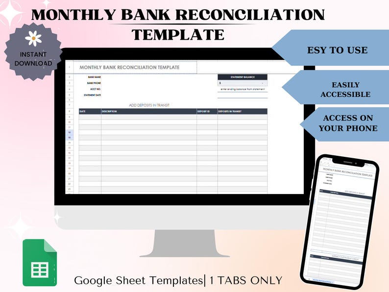 Monthly Bank Reconciliation Template - Editable Google Sheets ...