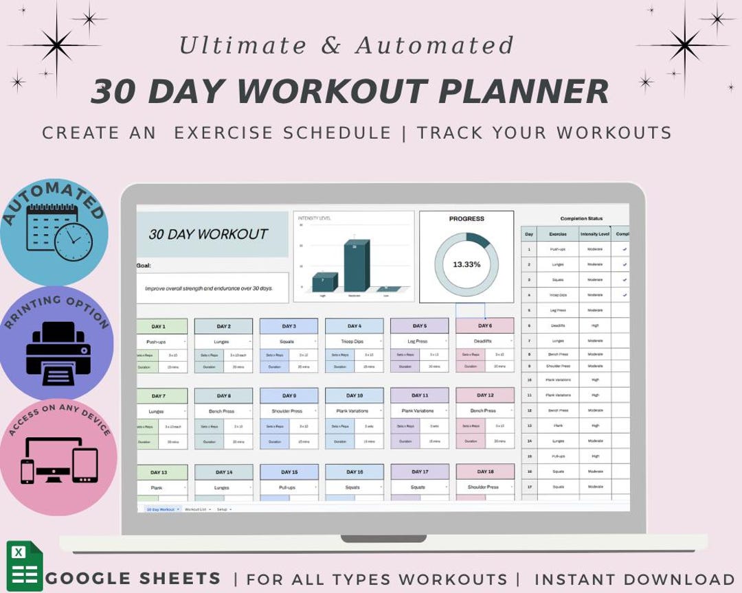 Workout Planner Google Sheets Exercise Tracker & Fitness Planner ...