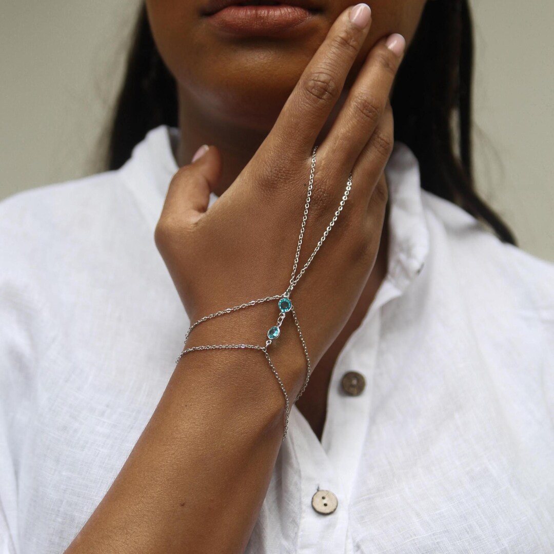 Statement Gold or Silver Crystal Hand Chain, Boho Bridal Hand Harness ...