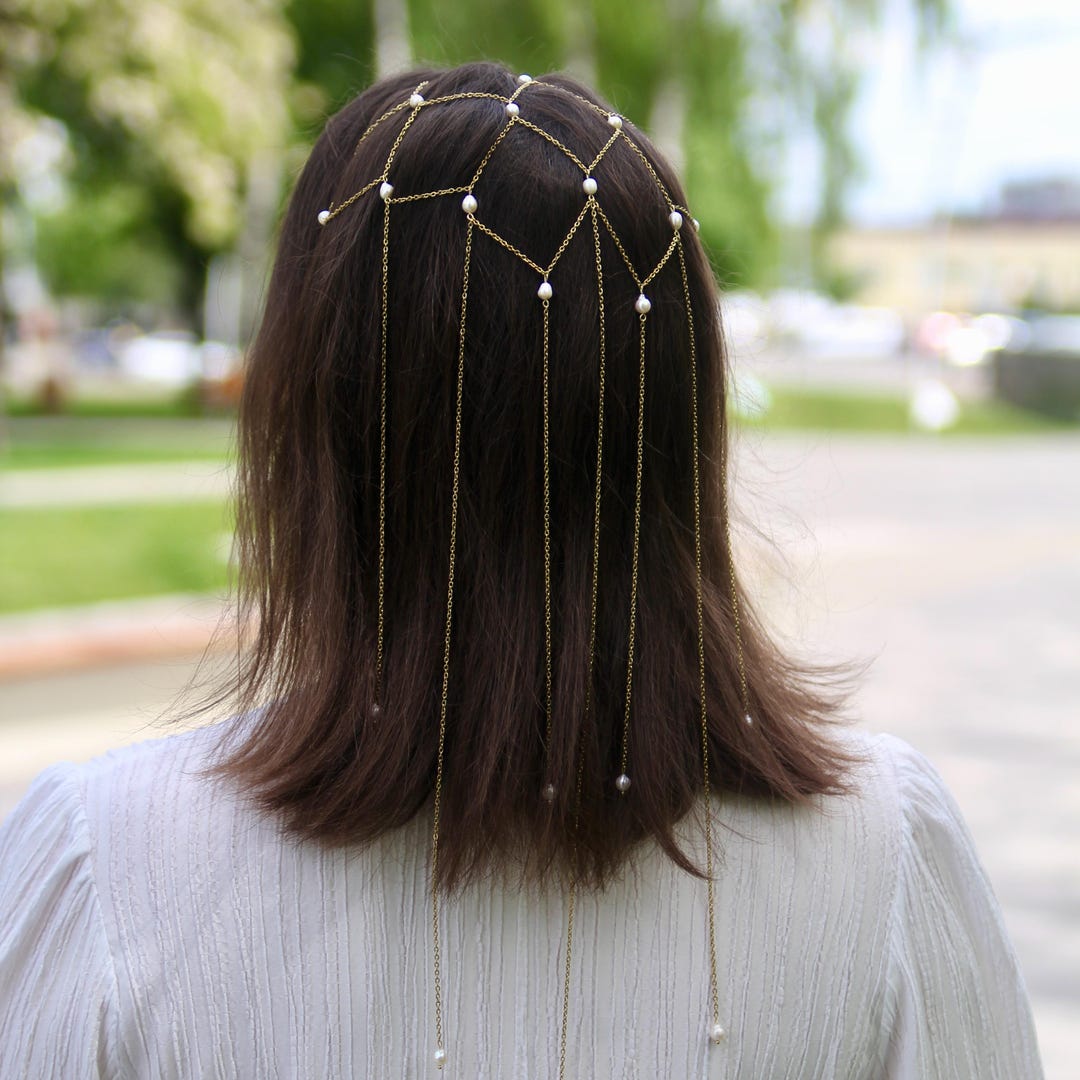 Veil Hair Chain Headpiece for Women, Boho Pearl Drape Hair Veil ...