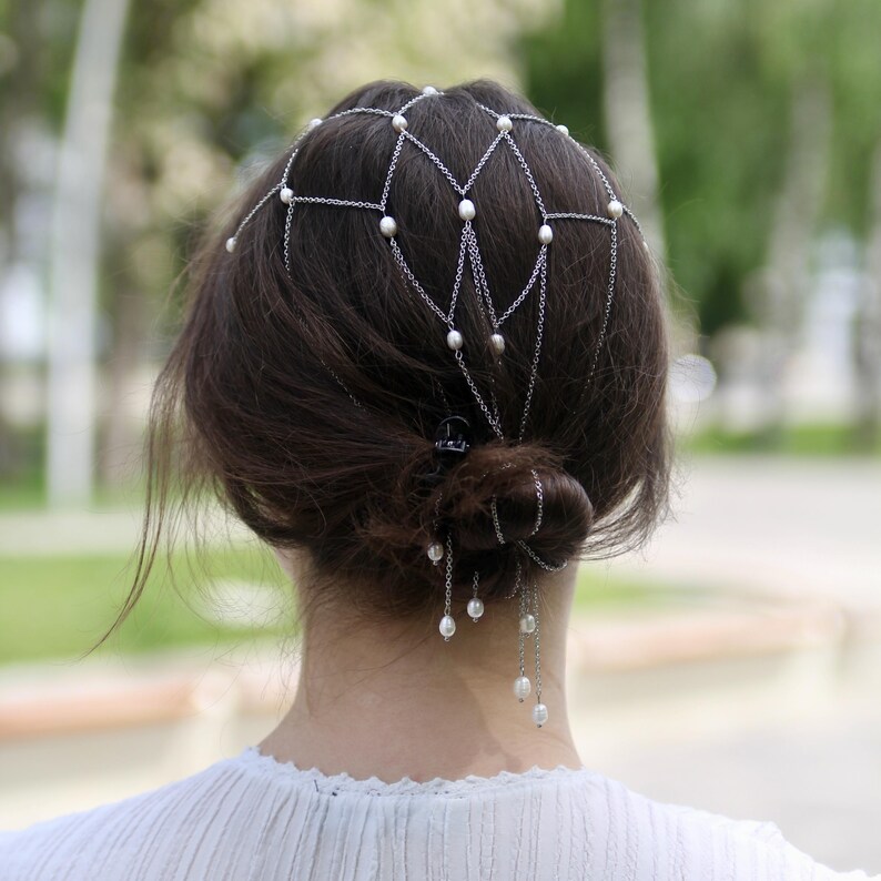 Pearl Hair Chain Headpiece for Women, Drape Metal Hair Jewelry With ...