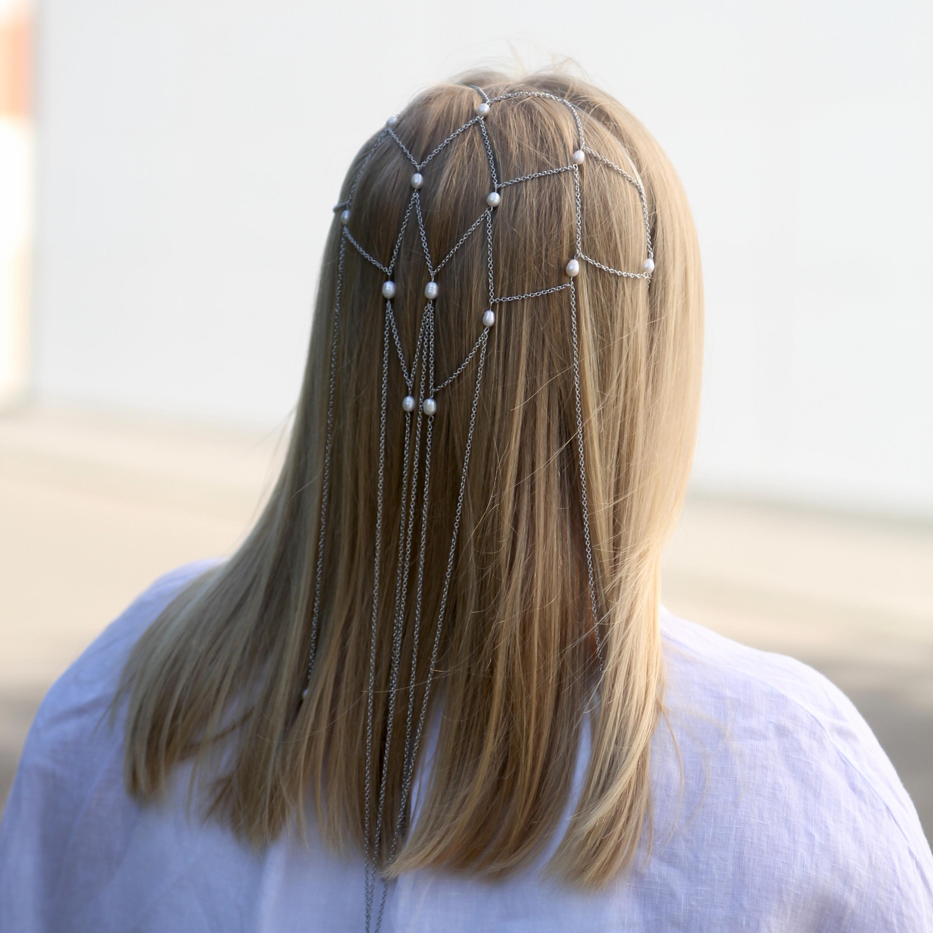 Pearl Hair Chain Headpiece for Women, Drape Metal Hair Jewelry With ...