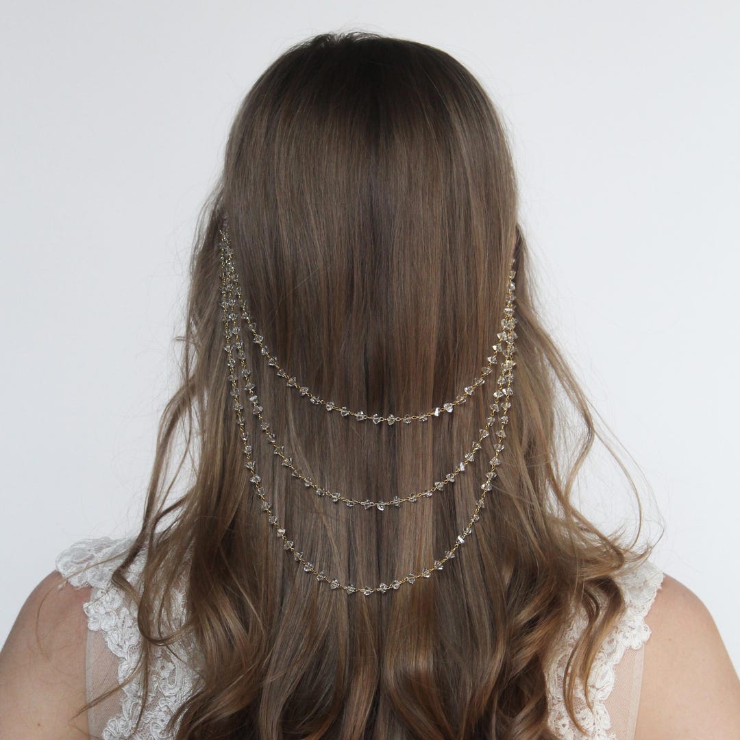 Gold Headband With Dangling Chains & Crystals, Boho Hair Accessory ...