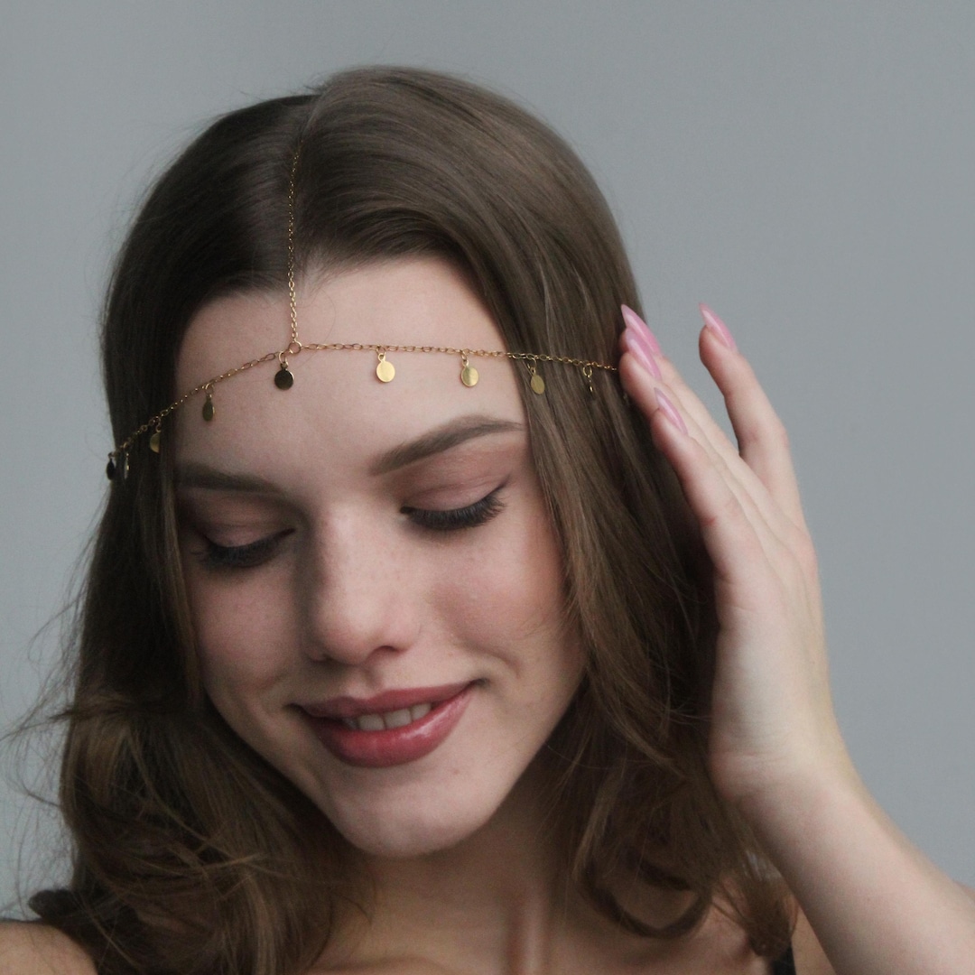 Bridal Tikka Headpiece With Dangling Coins, Boho Wedding Hair Jewelry ...