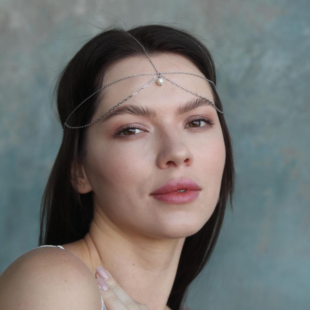 Bridal Forehead Chain With Pearl or Crystal, Dainty Headpiece, Elegant ...