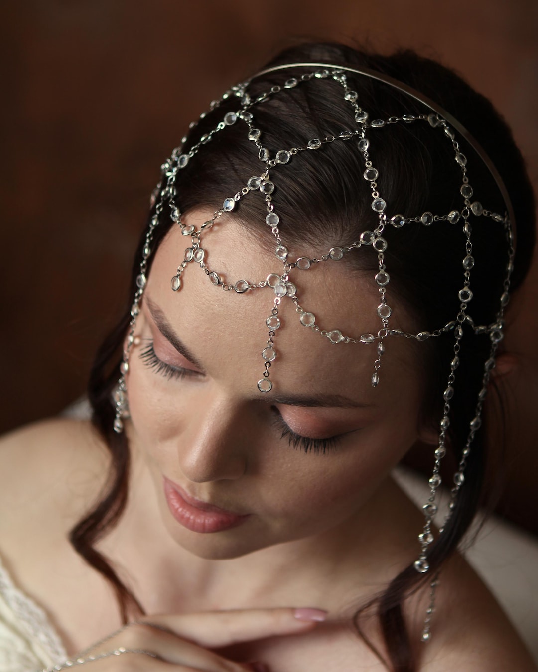 Crystal Draped Headpiece, Bridal Metal Veil Hair Jewelry, Elegant ...