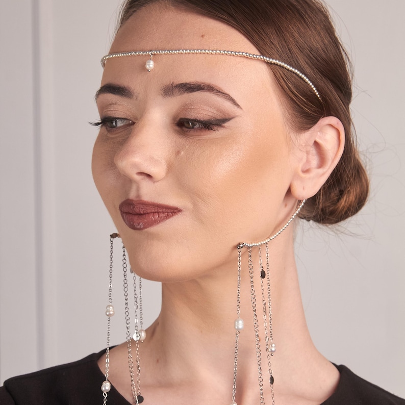 Elegant Pearl Draping Choker, Silver Cascade Statement Necklace, 2-in-1 ...