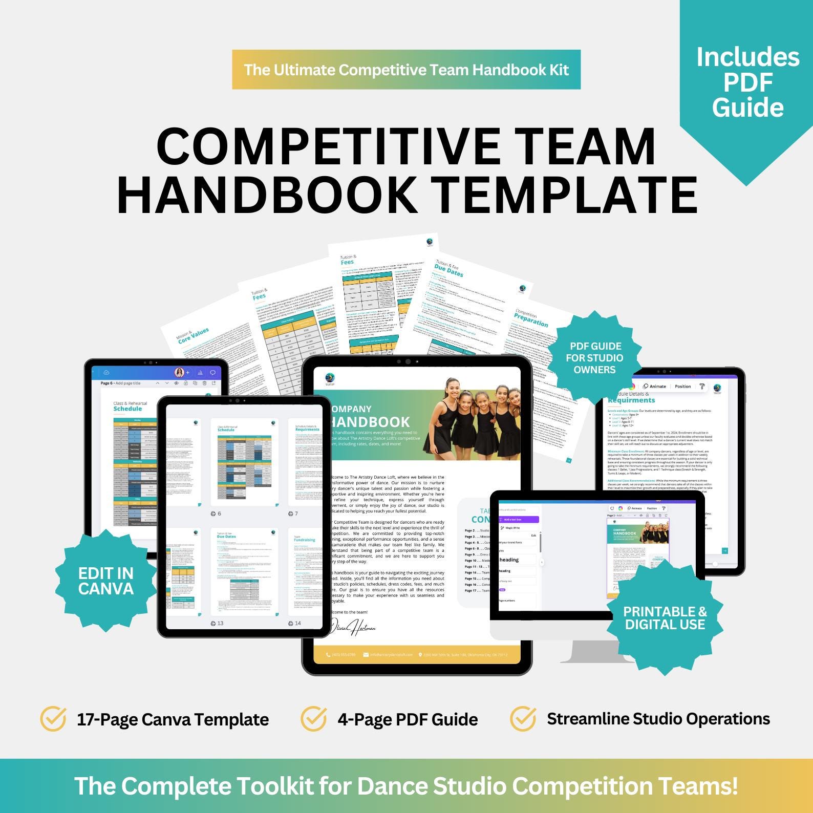 Editable Dance Studio Company Handbook Canva Template | Competitive ...