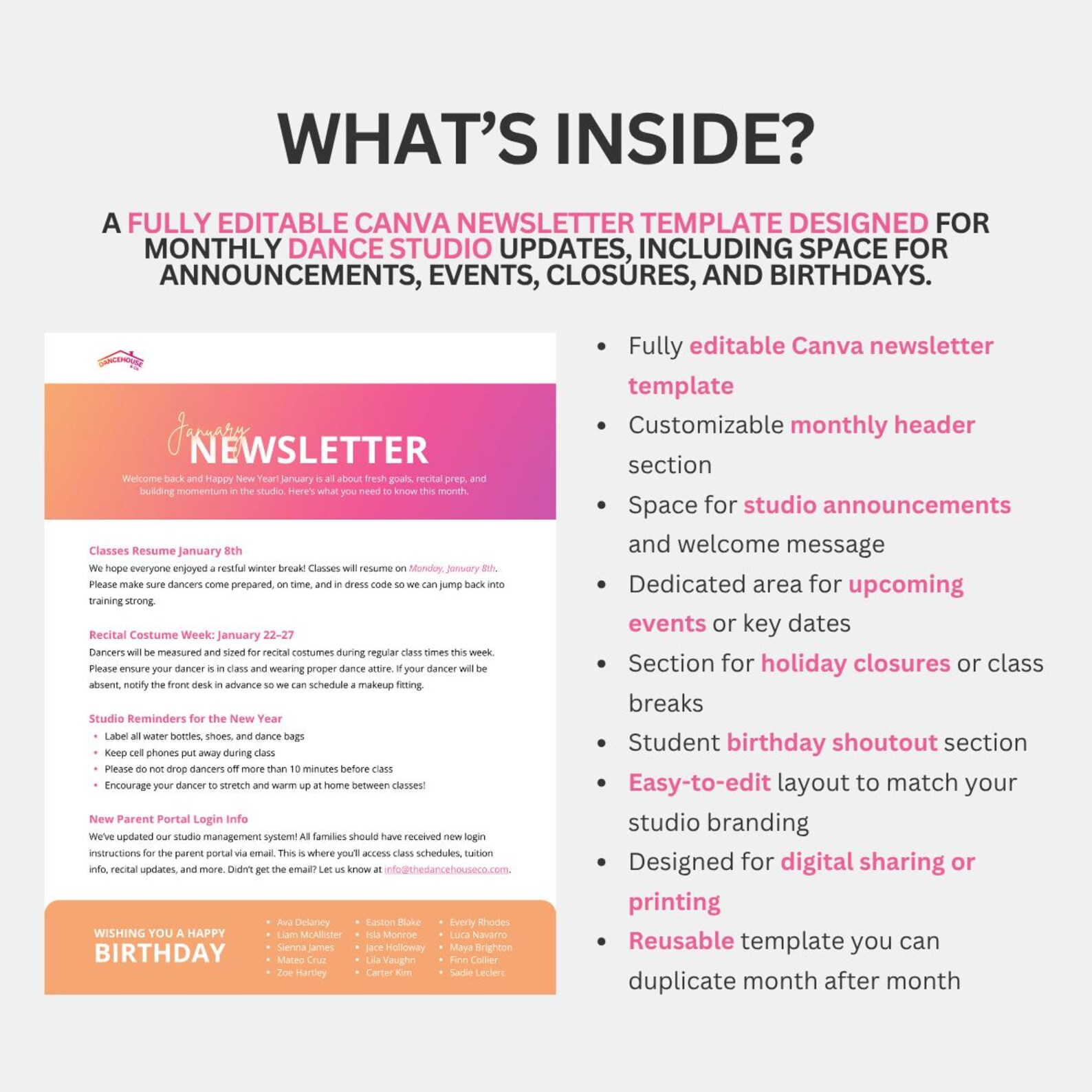 Editable Monthly Dance Studio Newsletter Template | Canva Template for ...