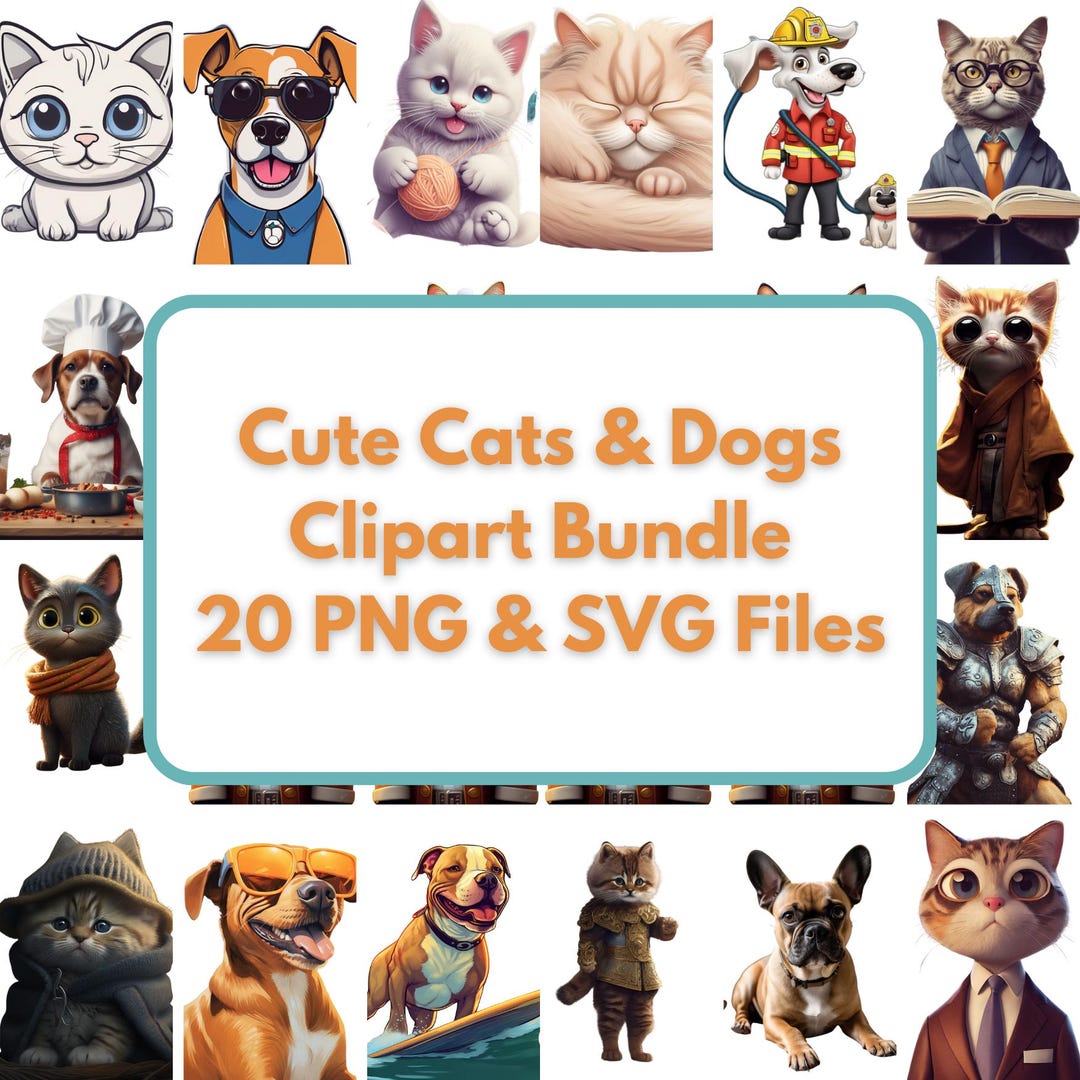 Cute Cats & Dogs Clipart Bundle – 20 PNG and SVG Files, Pet ...