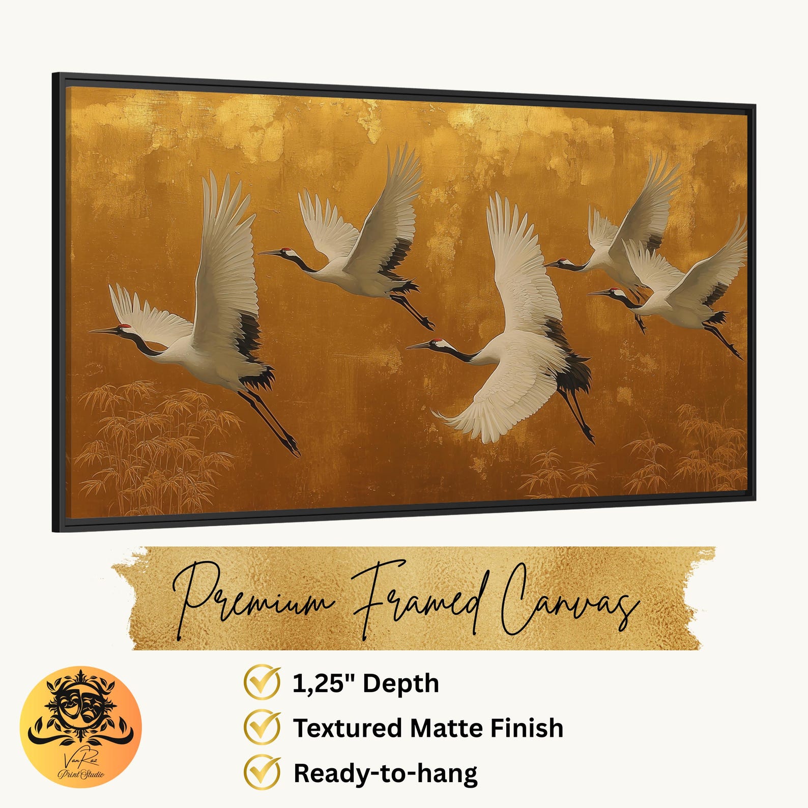 Japanese Cranes Canvas Wall Art | Red-crowned Crane Print With Gold ...