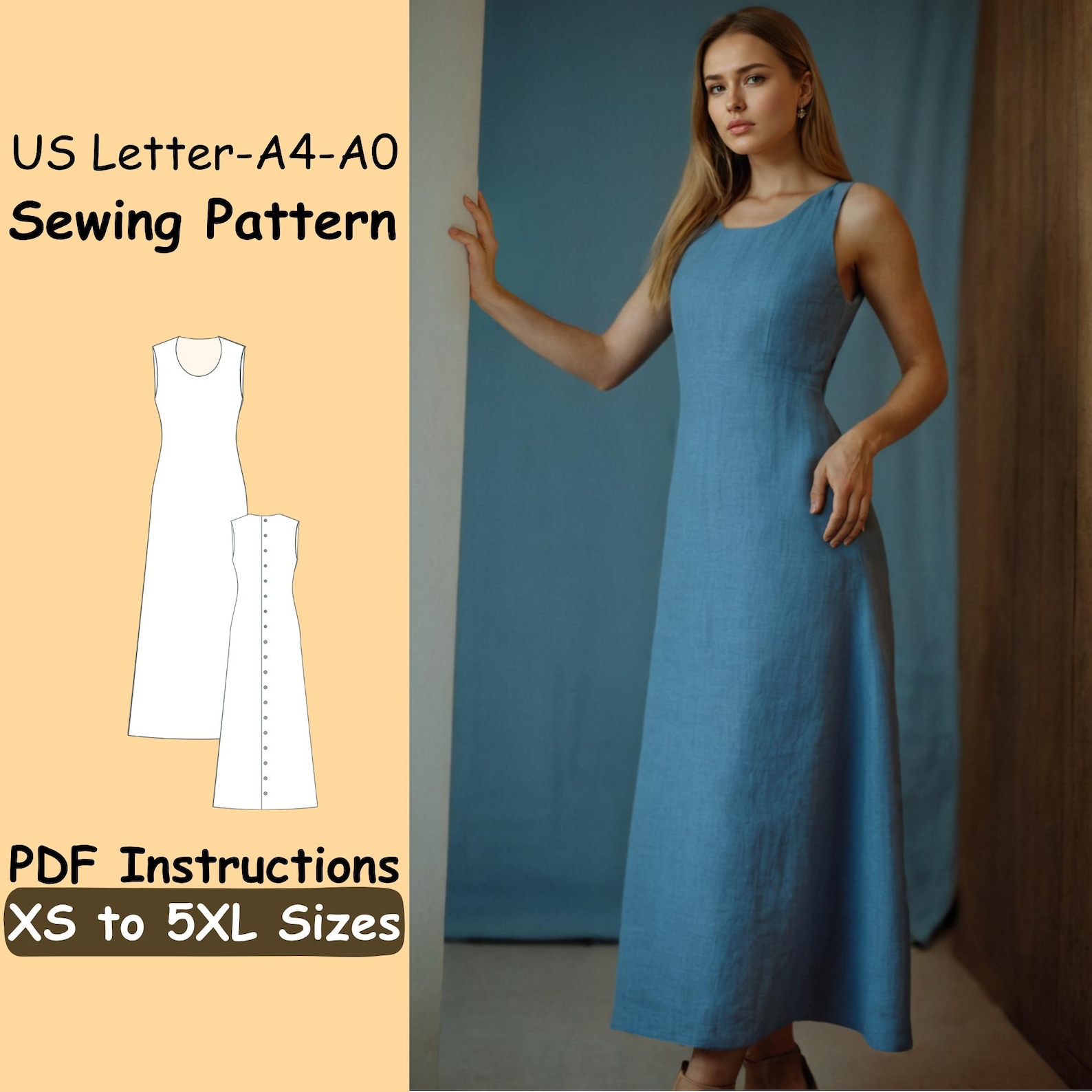 A Line Maxi Dress Pattern - Linen Back Button Dress Pattern - Long ...