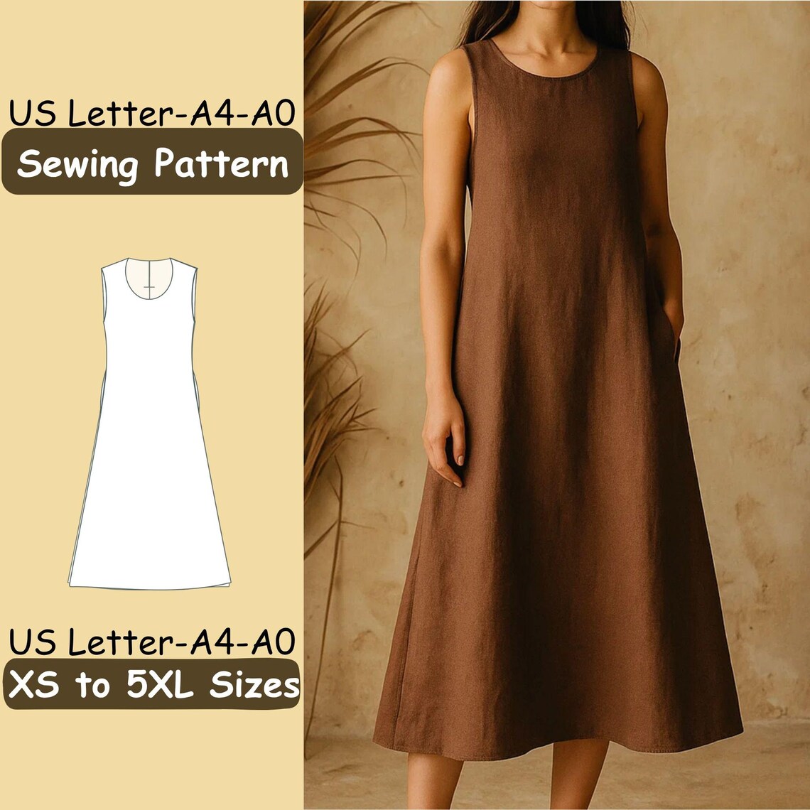 Sleeveless A Line Dress Pattern, Round Neck Flared Hem Design, Easy ...