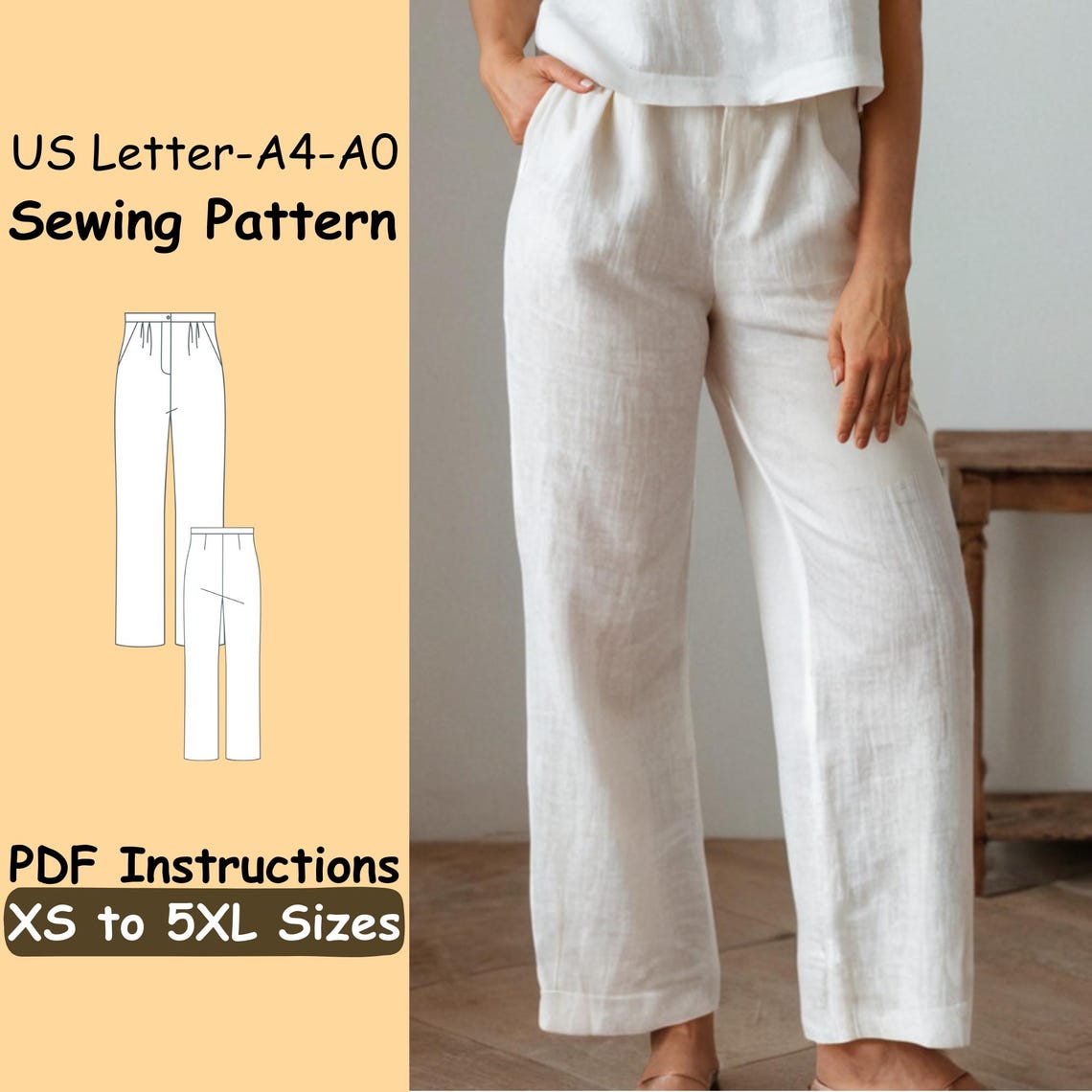 Cropped Pants Sewing Pattern - Linen Lounge DIY Pants Pattern - Button ...