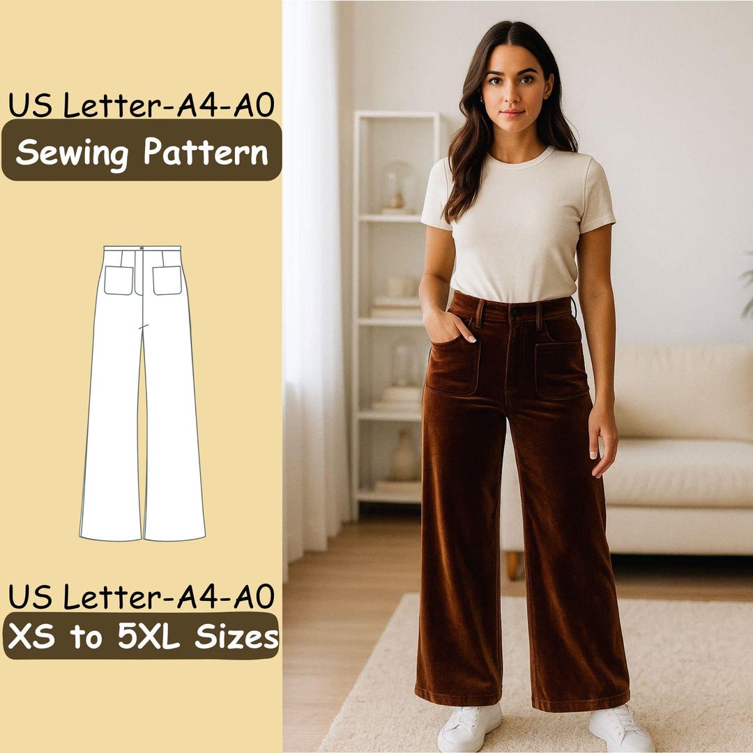 Wide Leg Pants Sewing Pattern, Velvet Trousers With Patch Pockets, High ...