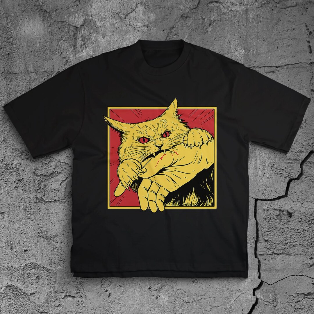 Angry Cat Biting Hand Tee | Funny Meme Cat Shirt - Etsy