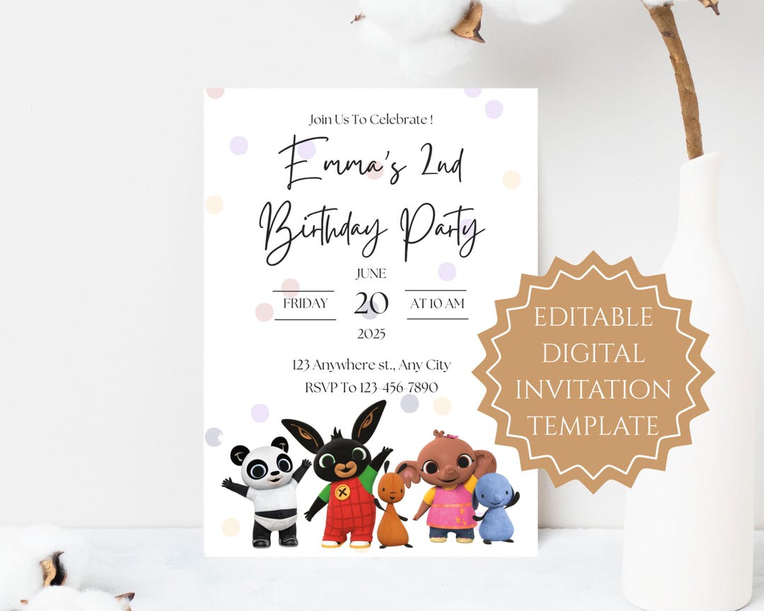 Bing Themed Kids Birthday Party Invitation Party Supplies Birthday Card ...