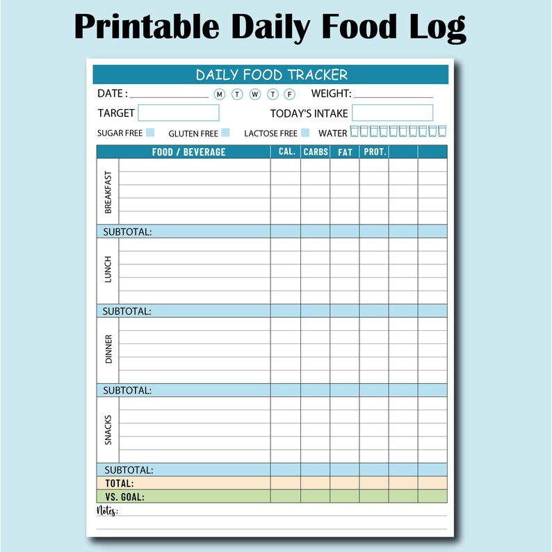 Daily Food Journal Diary, Meal Tracker for Calories, Carbs, Fat and ...