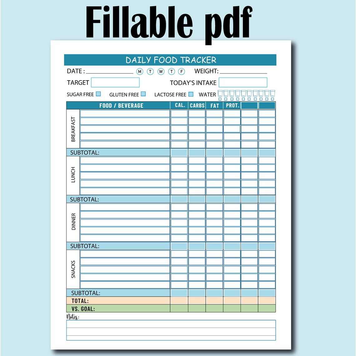 Daily Food Journal Diary, Meal Tracker for Calories, Carbs, Fat and ...