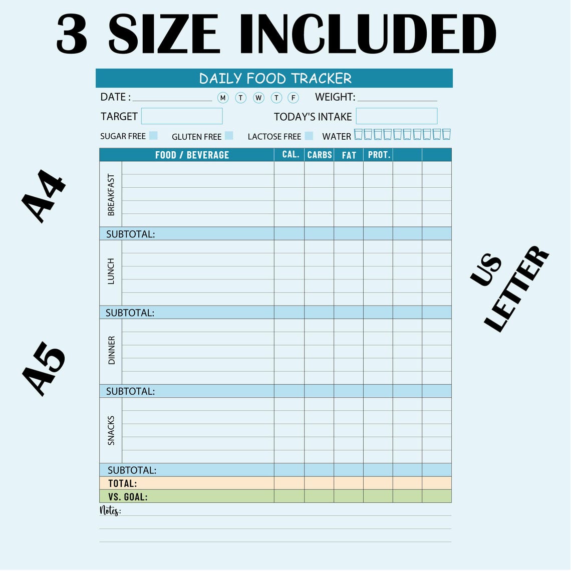 Daily Food Journal Diary, Meal Tracker for Calories, Carbs, Fat and ...