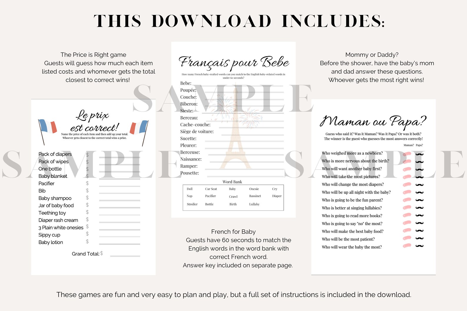 Chic and Affordable French Theme Printable Baby Shower Games, Beautiful ...