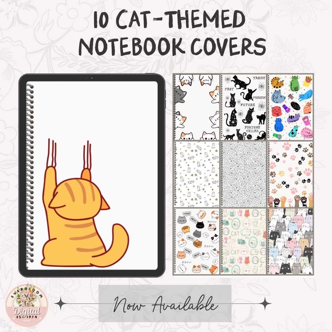 Cat Digital Notebook Covers | 10 Printable Journal Covers in A4 A5 US ...