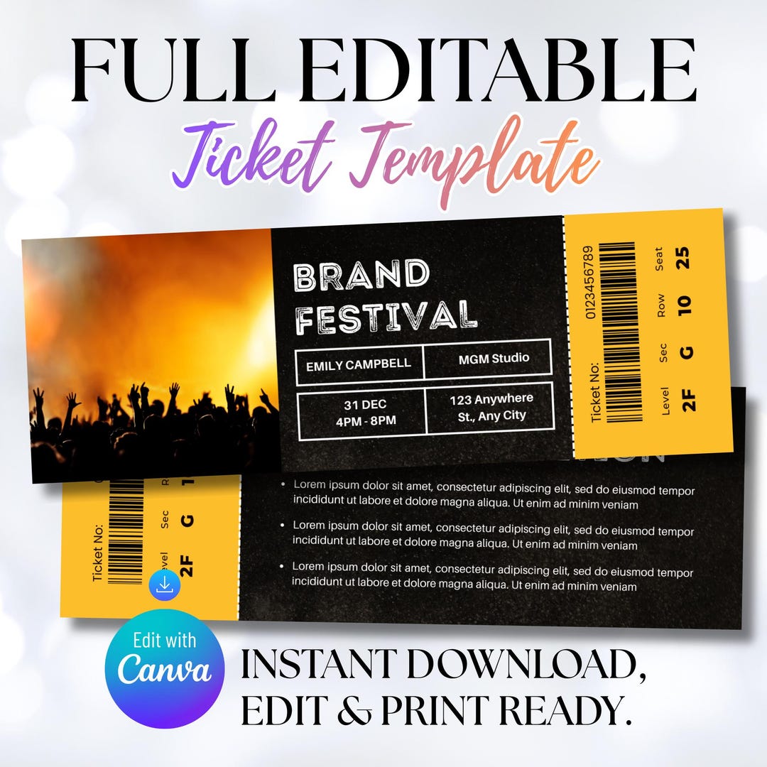 Editable Concert Ticket Template | Custom Concert Ticket | Printable ...