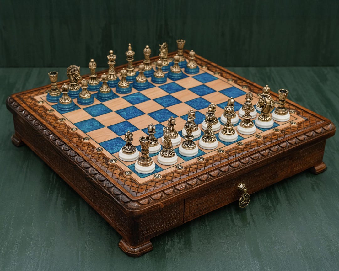 Handmade Chess Board With Storage, Chess Set With Epoxy, Modern Chess ...