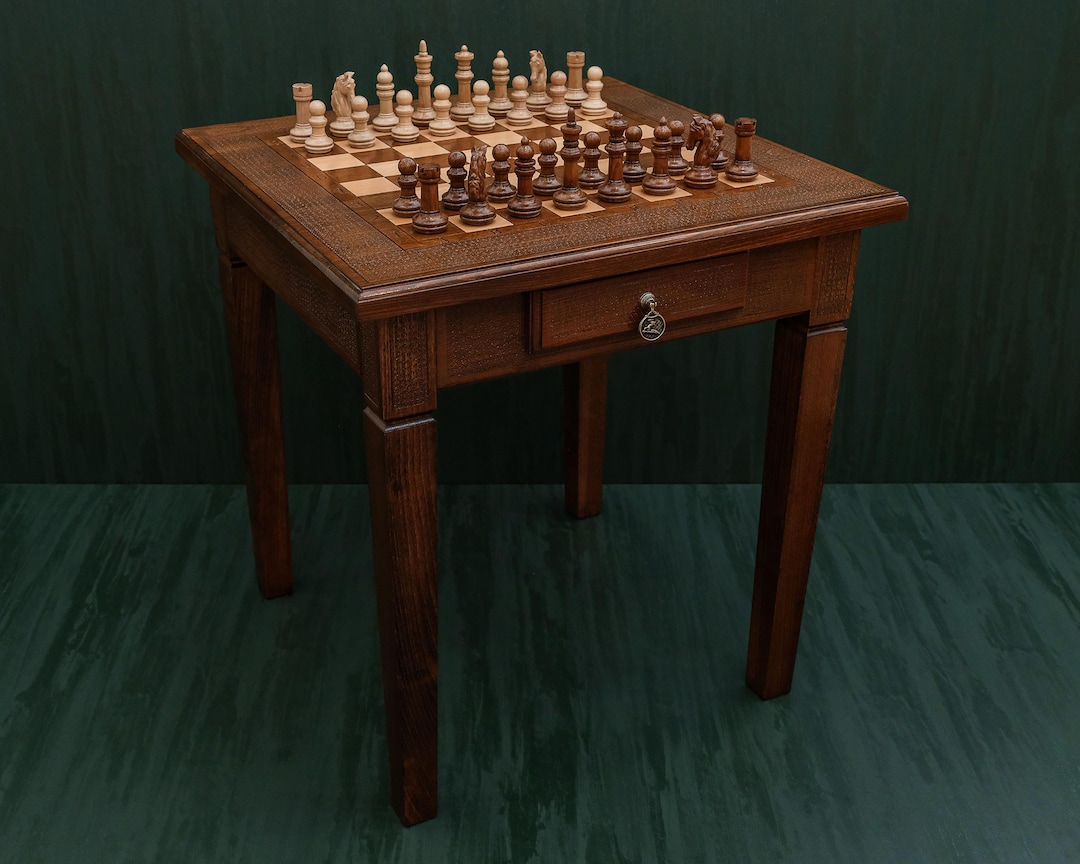 Classic Chess Table With Drawers, Handmade Wooden Chess Game Table ...