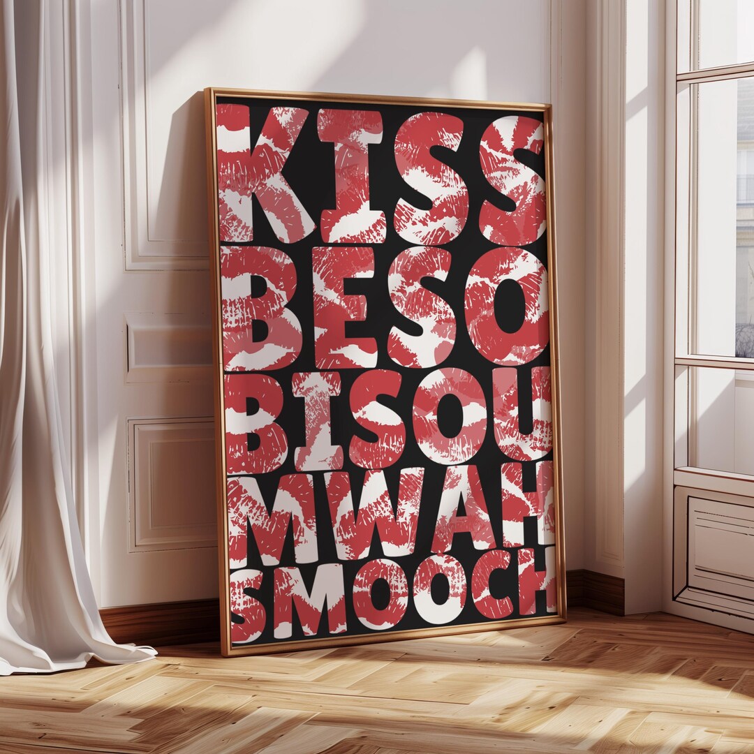 Kiss Wall Art | Bisou Bisou Print | Lipstick Wall Art | Romantic Poster | Dark Aesthetic Decor ...