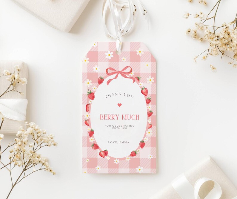 Berry First Birthday Thank You Tag Template, Strawberry Birthday Gift ...