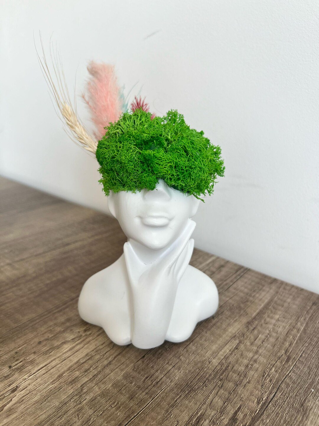 Modern Moss Head Sculpture Decor – Stabilized Lichen Art Bust – Natural ...