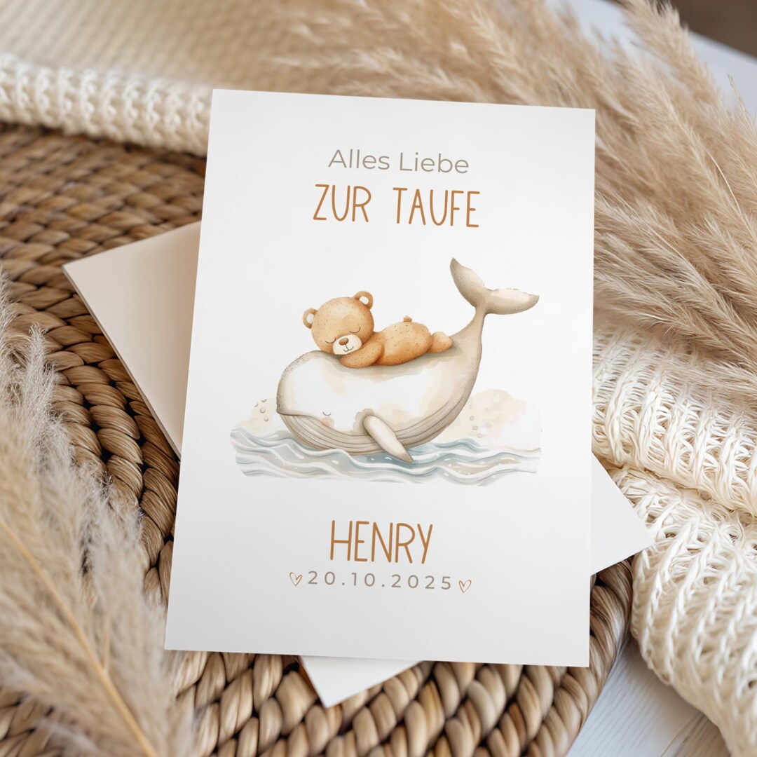 Personalisierte Taufkarte Mit Name Und Datum - Aquarellmotiv Teddy Auf ...