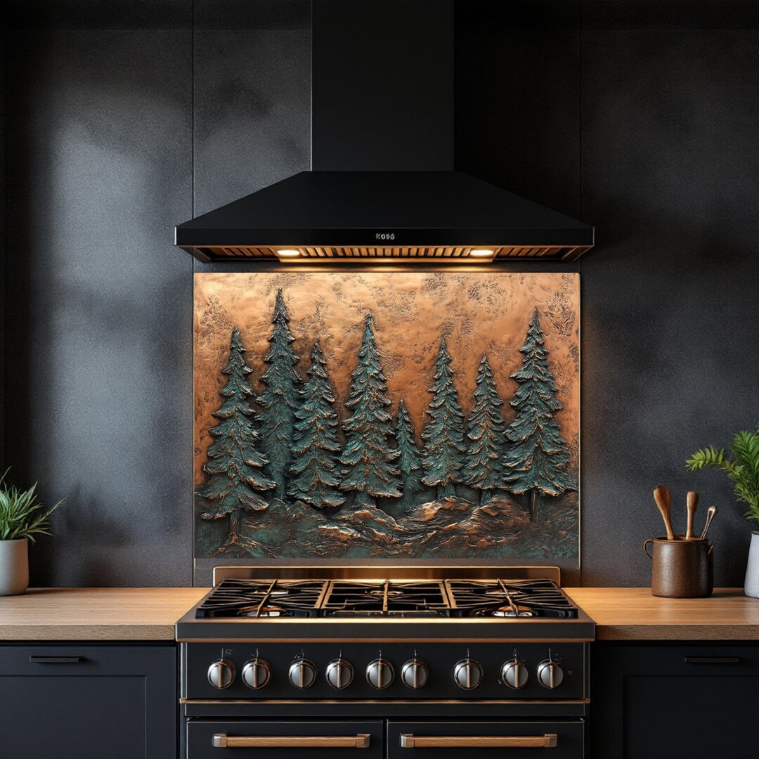 Copper Look Evergreen Trees Glass Backsplash for Modern Kitchen Decor ...