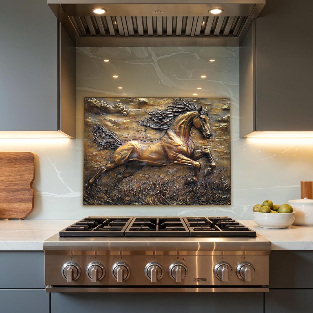 Horse Tempered Glass Kitchen Backsplash Copper Look Kitchen Backsplash ...