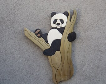 Panda in a Tree, Wood Intarsia Wall Hanging Handcrafted Scroll Saw Art ...