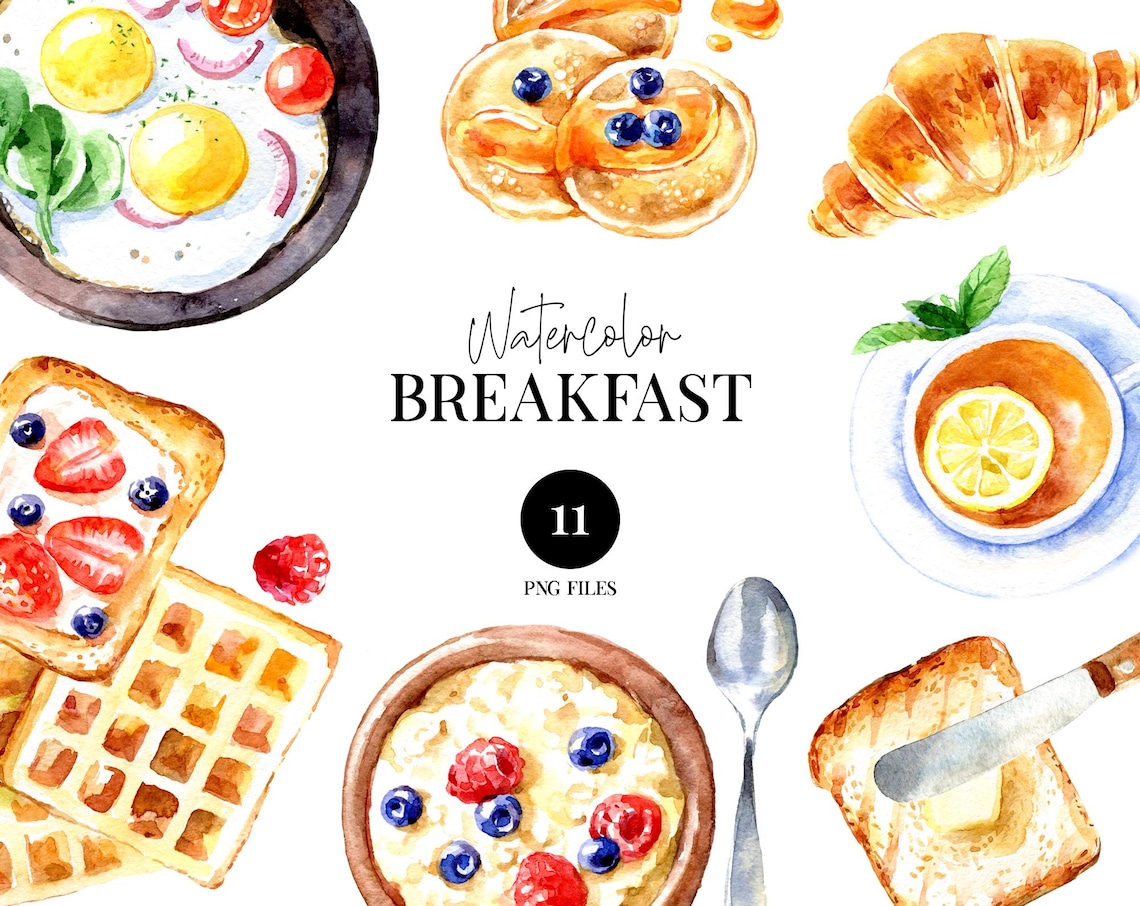 Watercolor Breakfast Png Clipart, Food Menu Clip Art. Coffee, Toast ...