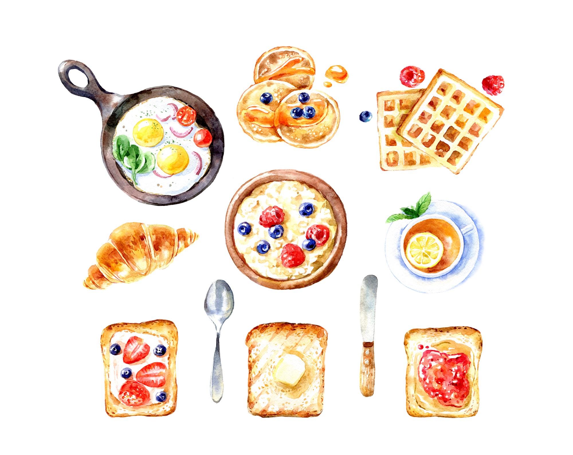 Watercolor Breakfast Png Clipart, Food Menu Clip Art. Coffee, Toast ...