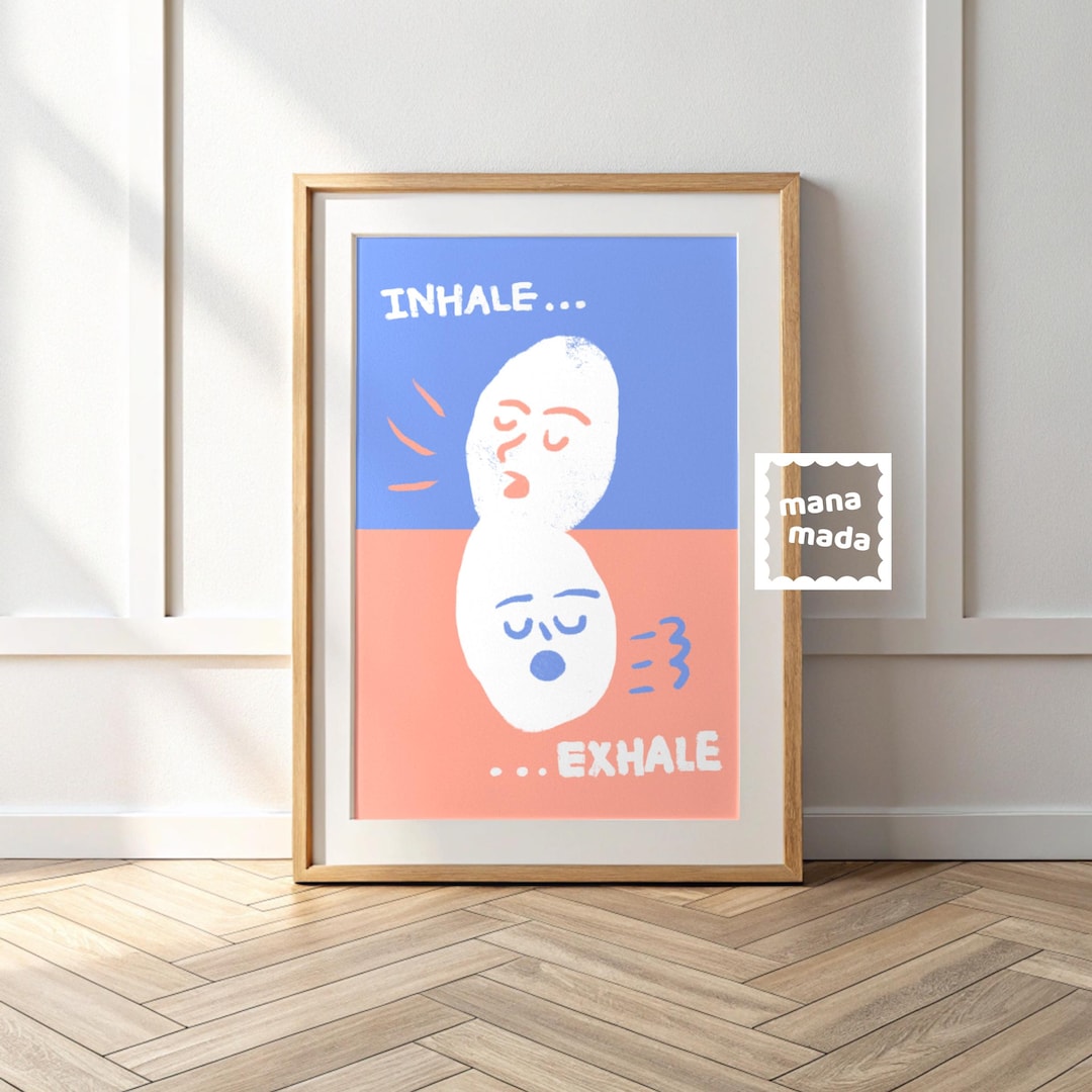 Inhale and Exhale Poster, Hand Drawn Print, Living Room Art, Yoga ...